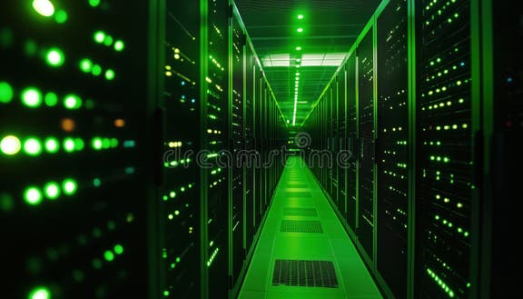 Glowing Green Ambient Light Illuminating Rows of Servers in Data Center ...