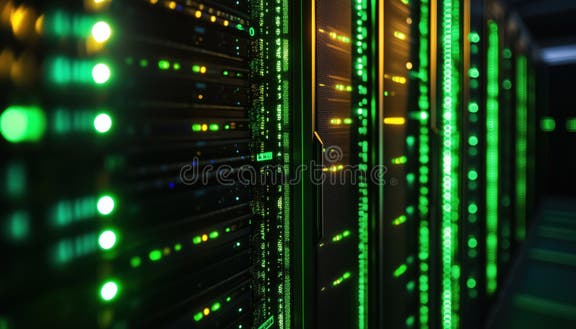 Glowing Green Ambient Light Illuminating Rows of Servers in Data Center ...