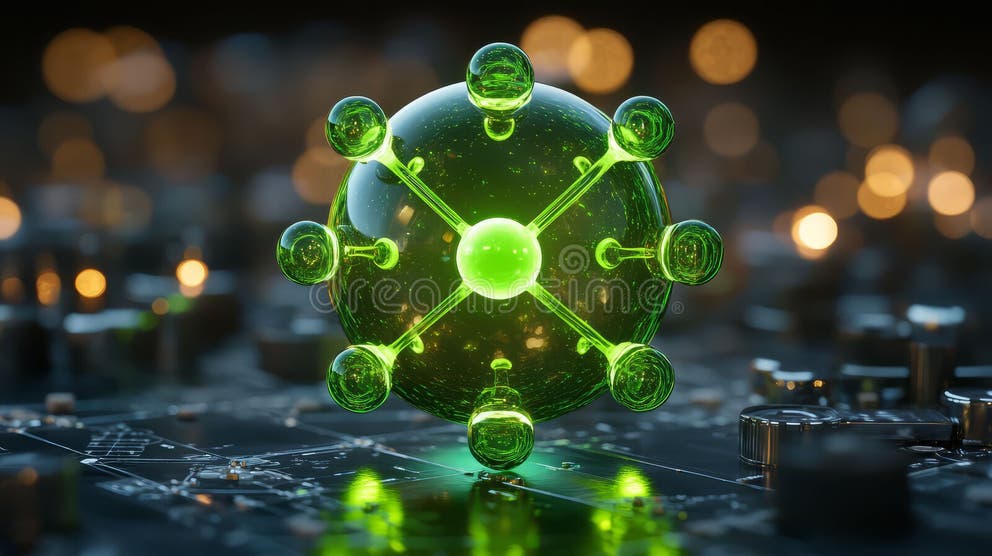 A Glowing Green Atom Model on a Circuit Board Showcasing Technology and ...
