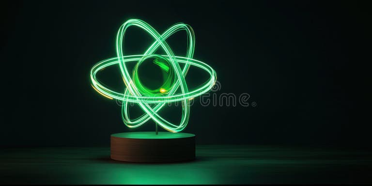 Glowing Green Atomic Model with Dynamic Orbiting Electrons on a Wooden ...