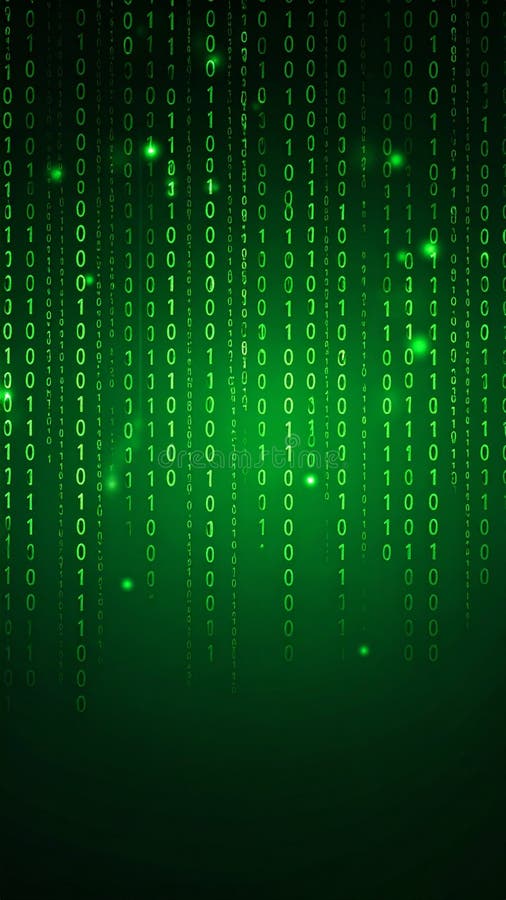 Glowing Green Binary Code Stream Falling Vertically on Dark Background Digital Technology ...
