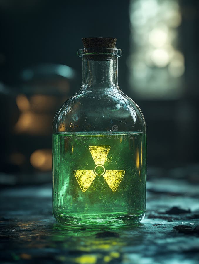 Glowing Green Bottle with Radioactive Symbol in a Dark Lab. Stock Photo ...