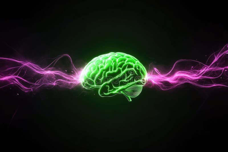 Glowing Green Brain with Energy Waves on Dark Background Stock ...