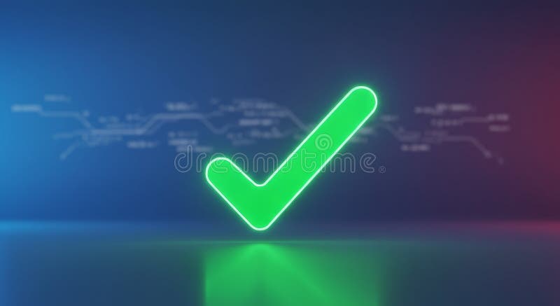 Neon Green Check Mark Glowing Against a Dark Background with Abstract ...