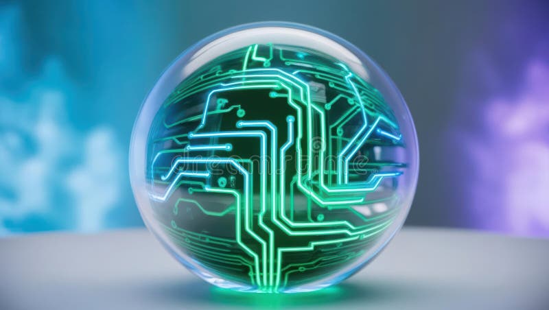Glowing Green Circuit Board within Transparent Glass Sphere ...
