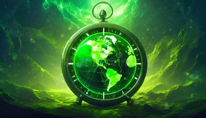 Glowing Green Clock with World Map. Earth Hour Concept Stock ...