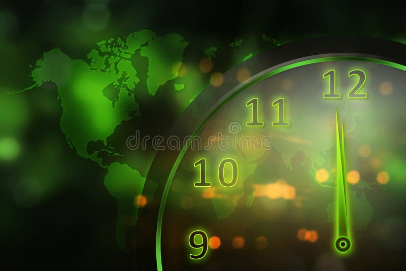 Glowing Green Clock with World Map Stock Image - Image of closeup ...