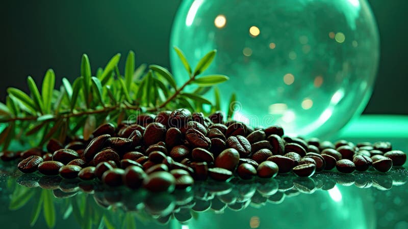 Glowing Green Coffee Beans with Glass Sphere and Greenery Stock Image ...