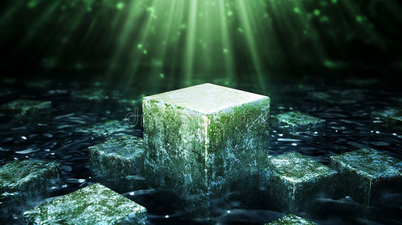Luminous Green Cube on Dark Watery Surface Stock Illustration ...