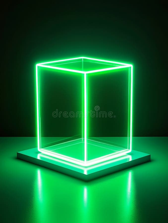 Glowing Green Cube on Platform Abstract Image of a Glowing Green Cube ...