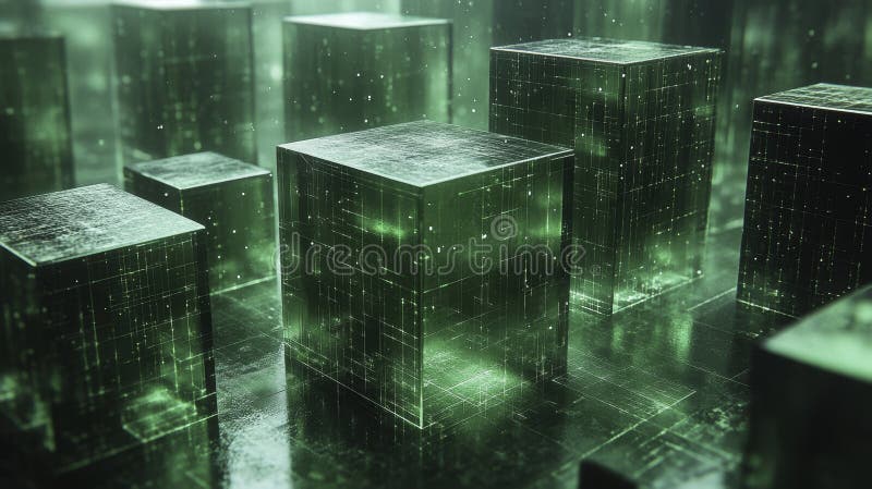 Symmetrical Arrangement of Green Acrylic Cubes and Spheres in a Dark ...