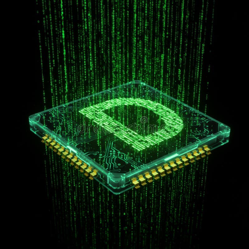 Glowing Green Data Chip with Falling Code Stock Illustration - Illustration of chip, information ...