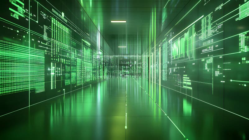 Glowing Green Data Streams in Futuristic Digital Corridor Stock ...