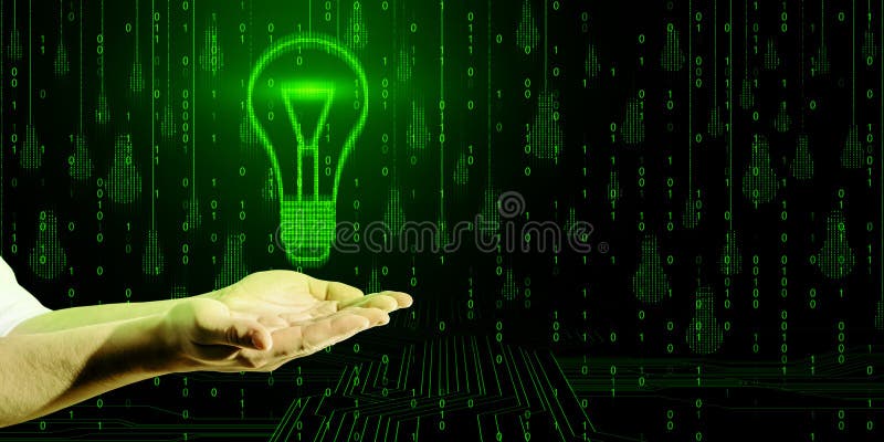 Glowing Green Digital Lightbulb Symbol Hovering Over a Hand on a Dark ...