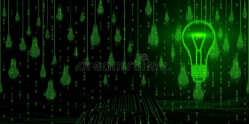 Glowing Green Digital Lightbulbs on a Black Cyberspace Background. 3D ...