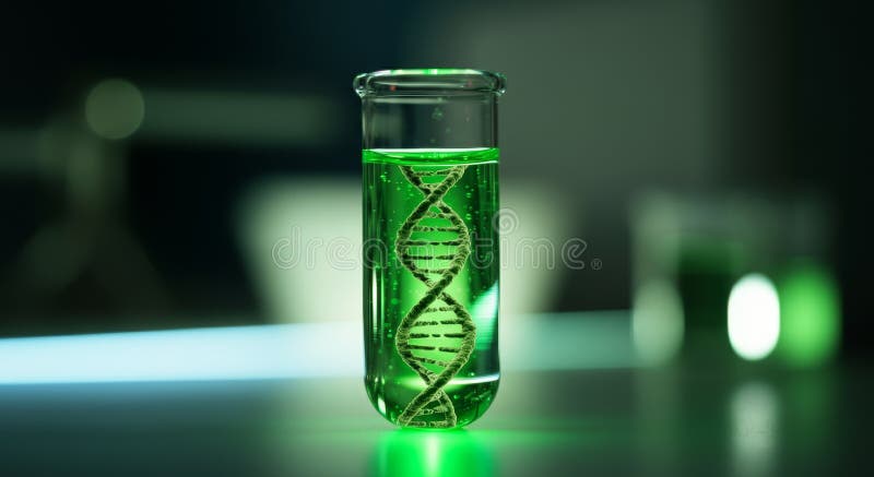 Glowing Green DNA Strand in Test Tube on Laboratory Table Stock ...
