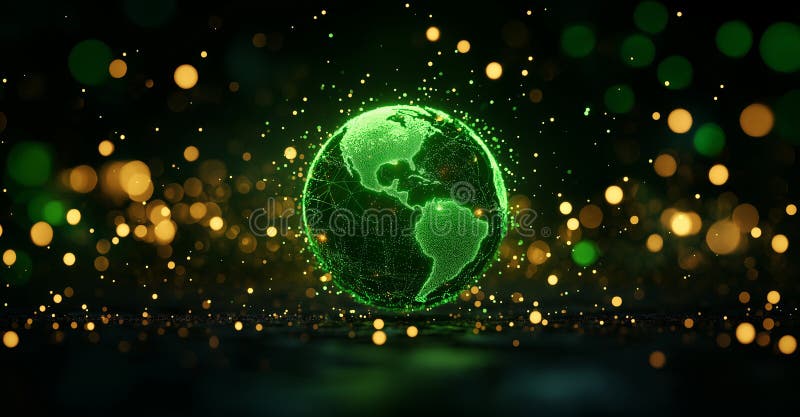 Glowing Green Earth Hologram Surrounded by Shimmering Lights Creates ...