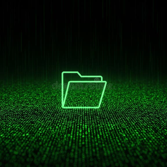 A Glowing Green Folder Icon Hovers Over a Digital Landscape Composed of ...