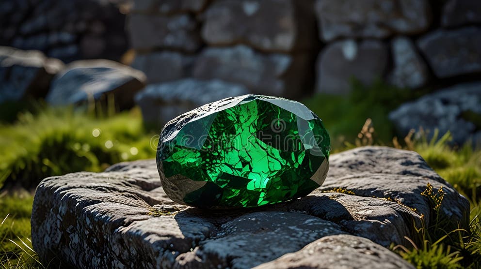 A Glowing Green Gemstone Embedded in Ancient Irish Stone Ruins Stock ...