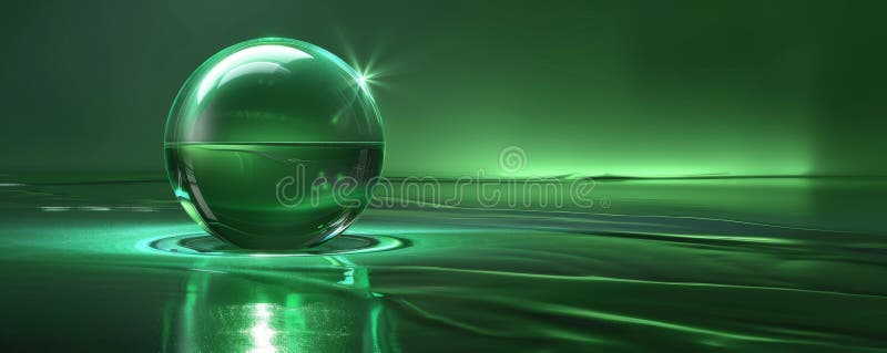 Glowing Green Glass Sphere on Reflective Surface with Abstract Light ...