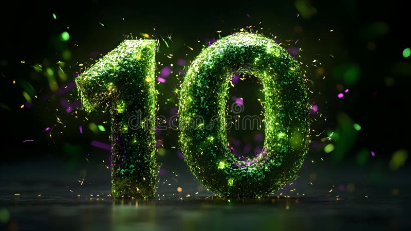 Glowing Green Glitter Number 10 3D Render Stock Illustration ...