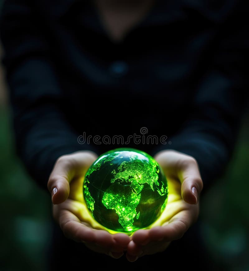 Glowing Green Globe Held in Hands Symbolizing Environmental Awareness ...