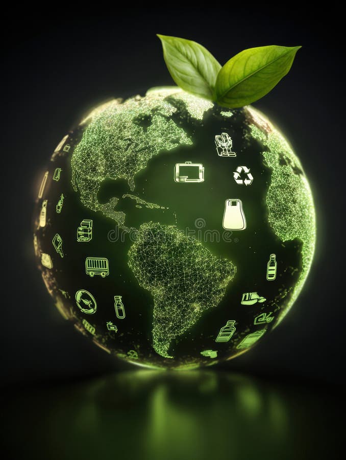 Glowing Green Globe Symbolizes Sustainability with Reusable Icons ...