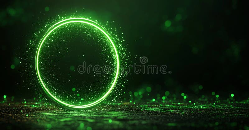 Glowing Green Gradient Circle with Sparkling Particles on Dark ...