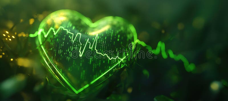 Glowing Green Heart Rate Line Background, Love Stock Illustration ...