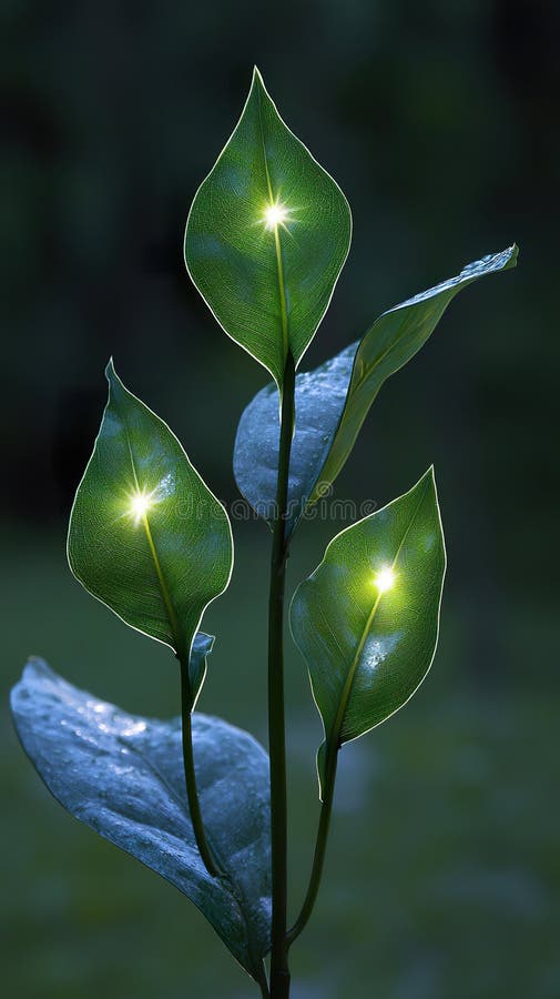 Glowing Green Leaves with Light Beams in Dark Nature Background Stock ...