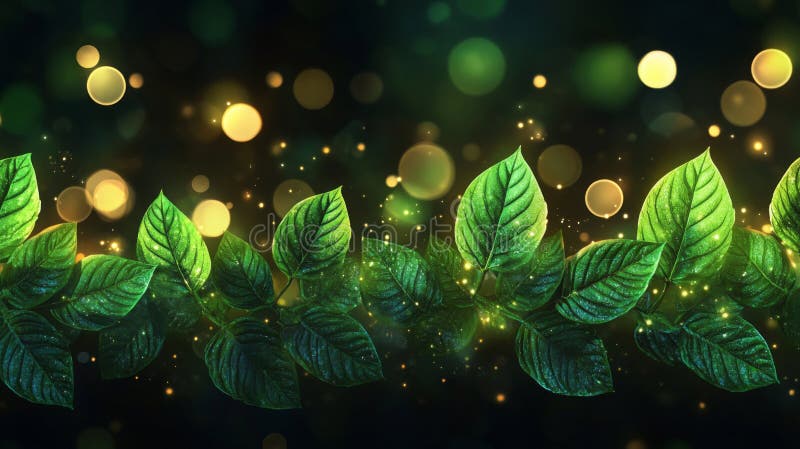 Glowing Green Leaves with Magical Golden Lights Stock Illustration ...
