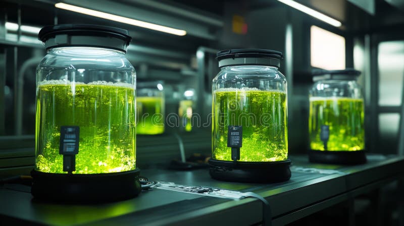 Glowing Green Liquid in Glass Jars in a Modern Lab Stock Illustration ...