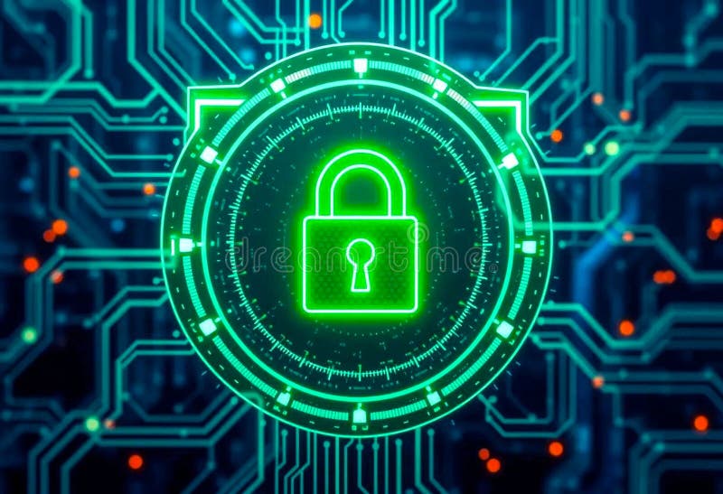 A Glowing Green Lock Icon on a Circuit Board, Representing Secure Data ...