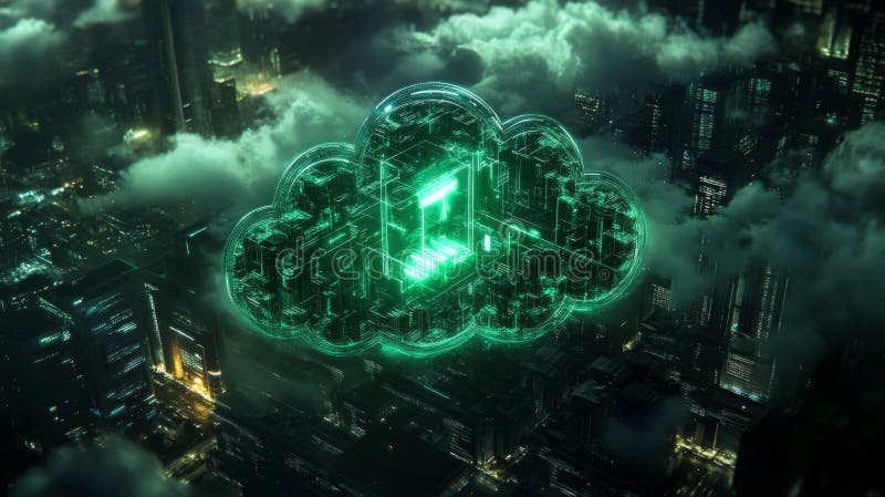 Glowing Green Music Cloud Over Night Cityscape Stock Illustration ...