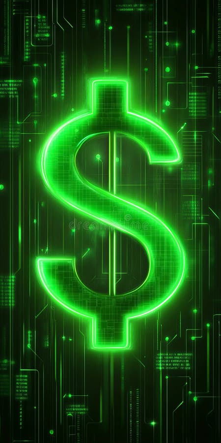 Glowing Green Neon Dollar Sign on Abstract Data Background, Financial ...