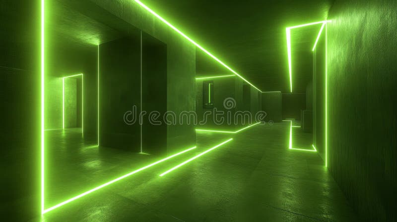 Glowing Green Neon Lines in a Dark Hallway Stock Illustration ...