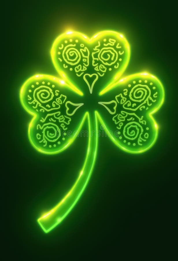 Glowing Green Neon Shamrock with Intricate Patterns on a Dark ...