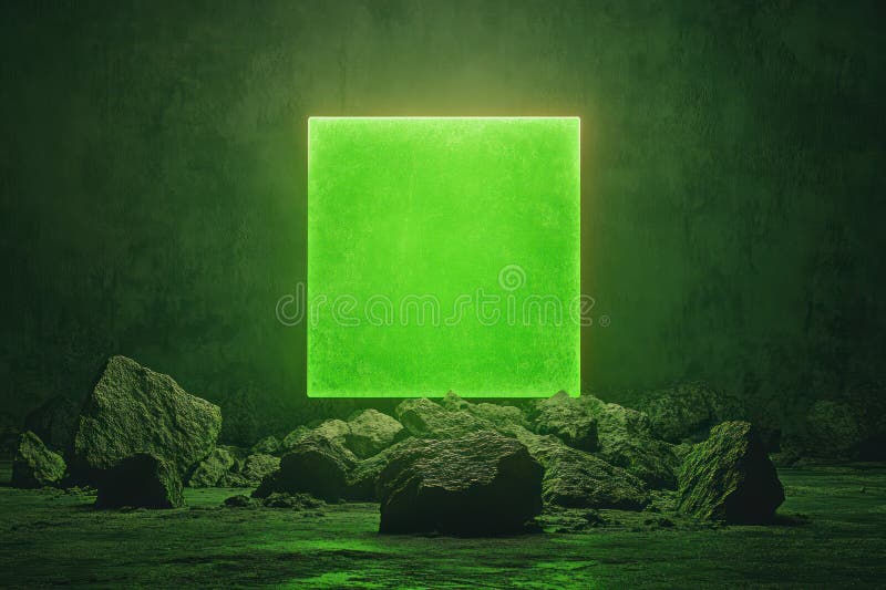 Glowing Green Neon Sign Illuminates Desolate Abandoned Space with Rocks ...