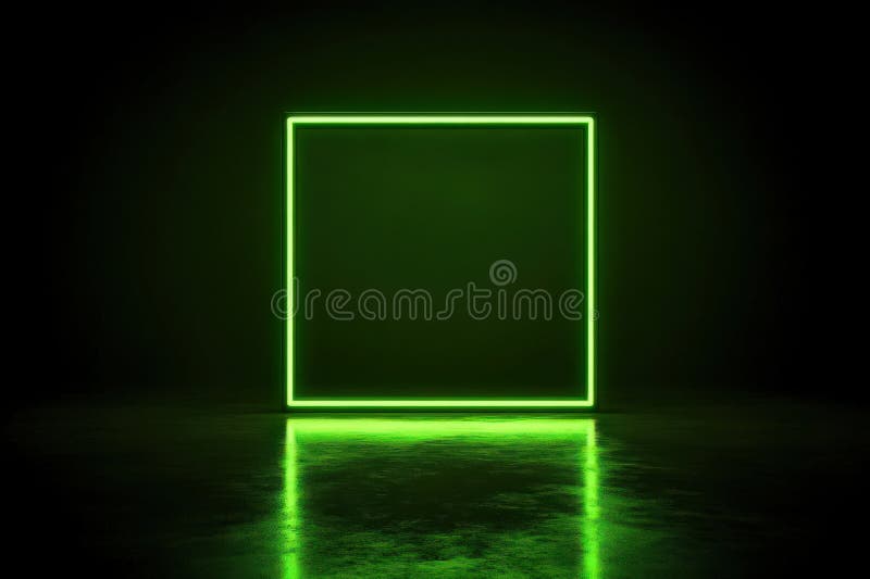 Glowing Green Neon Square Frame in Dark Minimalist Room with Floor ...