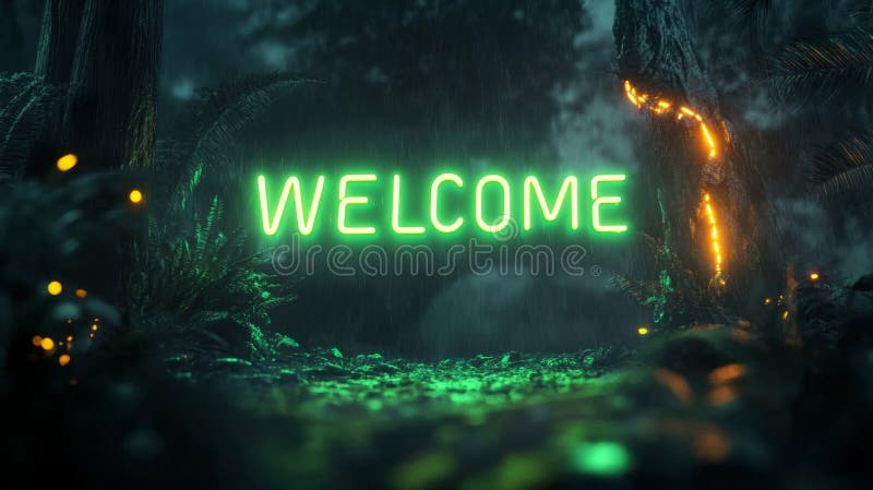 Glowing Green Neon Welcome Sign in Dark Forest Stock Illustration ...