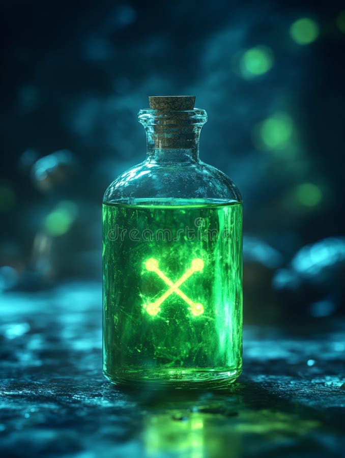 A Glowing Green Potion Bottle in a Dark, Mystical Setting. Stock Image ...