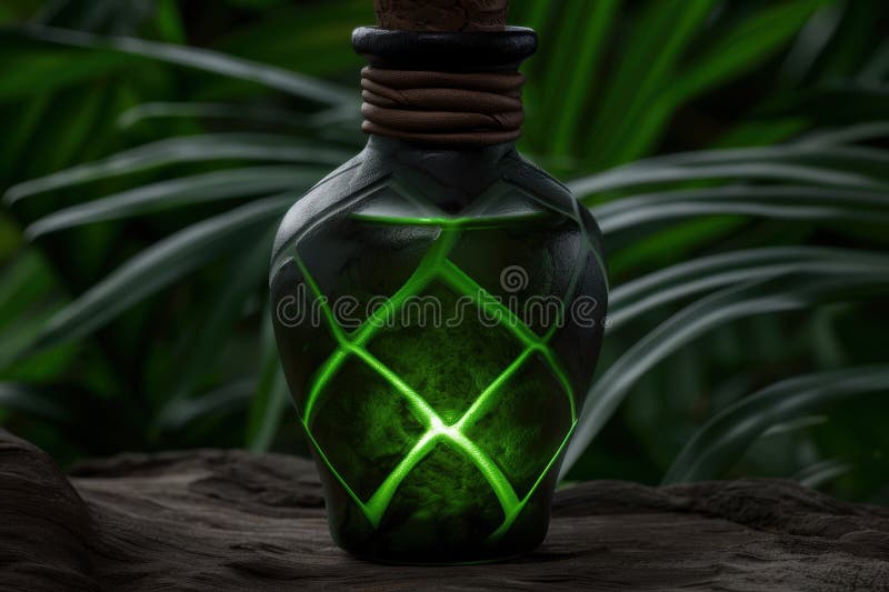 Glowing Green Potion Bottle in Nature Stock Illustration - Illustration ...
