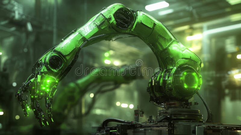 Glowing Green Robotic Arm in Industrial Setting Stock Illustration ...