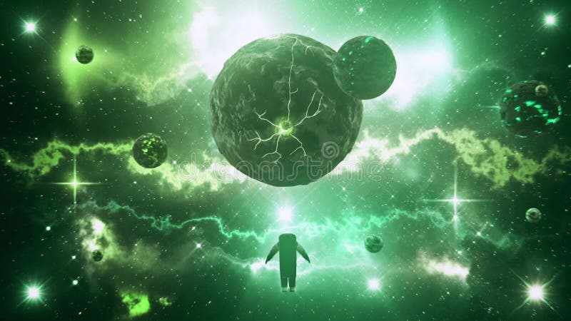 Green Sci-Fi Space Planets with Nebula & Astronaut Loop Background ...