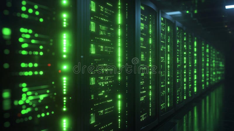 Glowing Green Servers in a Modern Data Center Stock Illustration ...