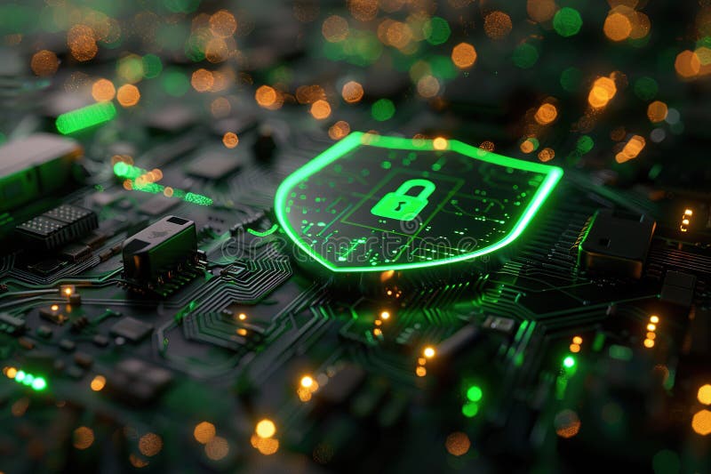 Glowing Green Shield Icon with Locker on Digital Background ...