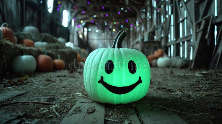Glowing Green Smiley Face Pumpkin in Rustic Barn Setting Stock ...