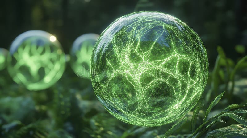 Glowing Green Sphere in Lush Foliage Stock Illustration - Illustration ...
