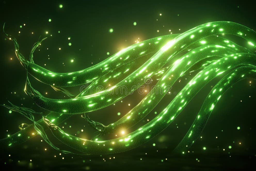 Glowing Green Strands Ripple through a Dark Space Creating a ...