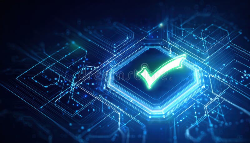 Glowing Green Tick Symbol on Circuit Board Representing Digital ...